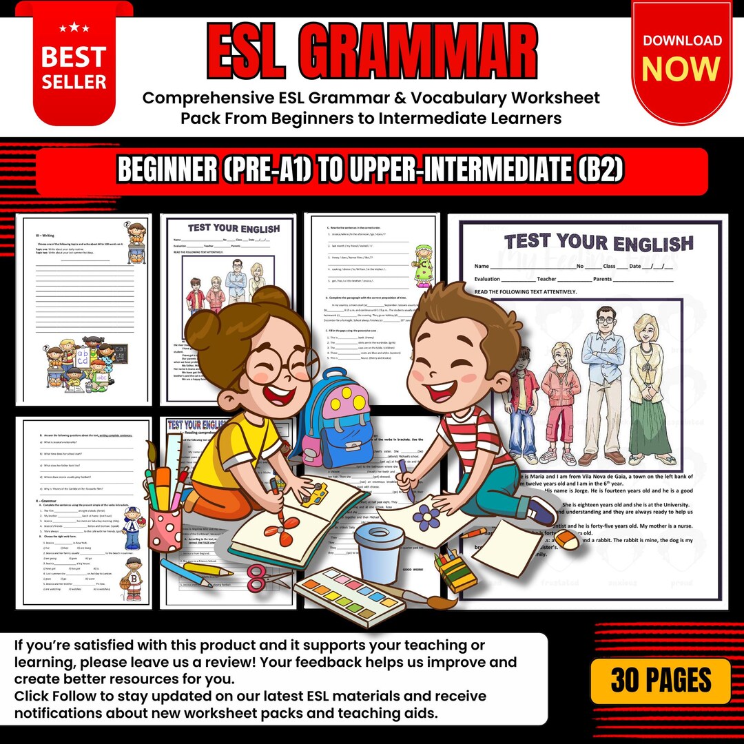 Comprehensive ESL Grammar & Vocabulary Worksheet Pack – From Beginners ...