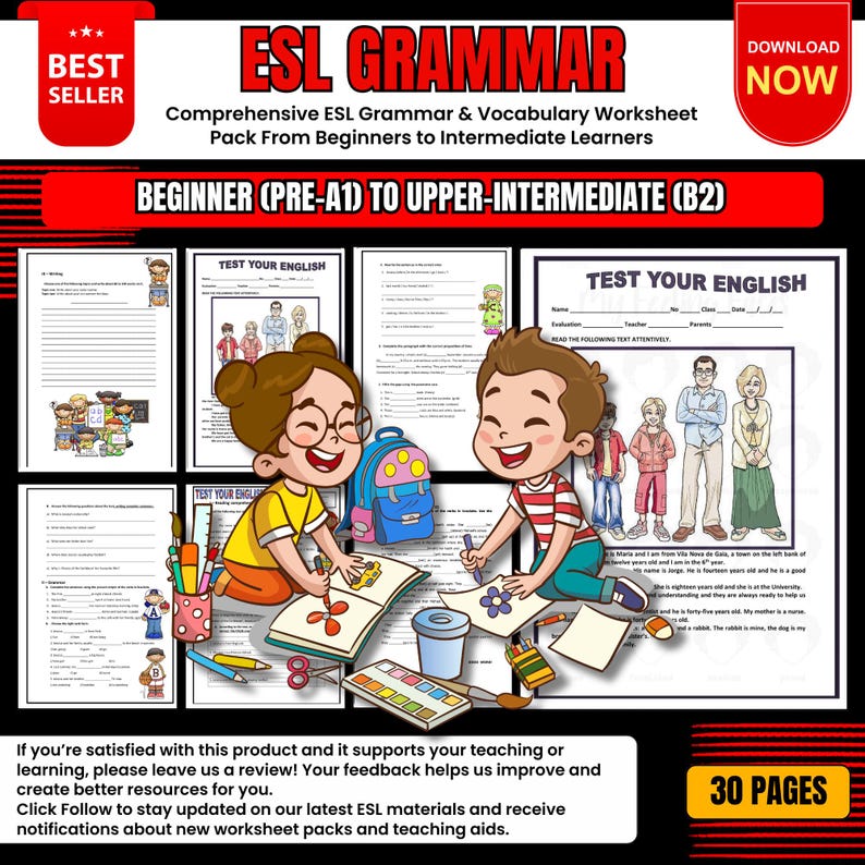 Comprehensive ESL Grammar & Vocabulary Worksheet Pack – From Beginners ...