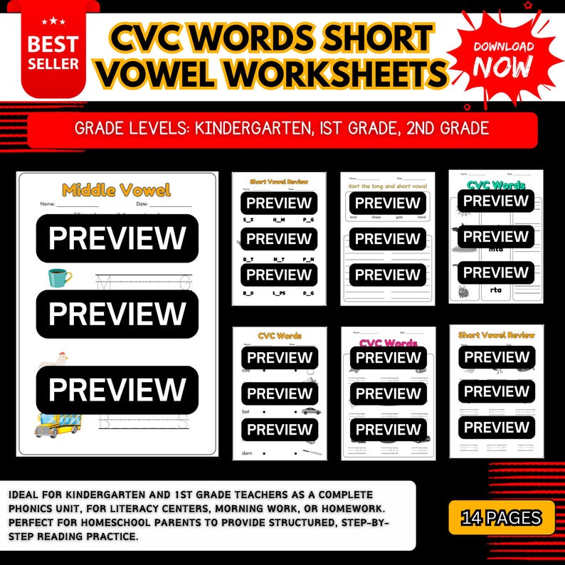 CVC Words Short Vowel Worksheets – Phonics Practice (PDF Pattern) - Etsy