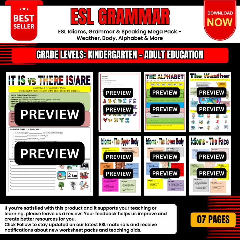 ESL Idioms, Grammar & Speaking Mega Pack - Weather Body Alphabet Learn ...