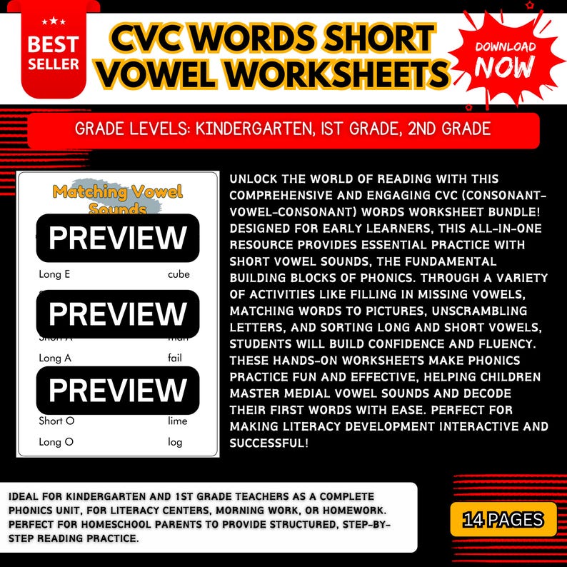 CVC Words Short Vowel Worksheets – Phonics Practice (PDF Pattern) - Etsy