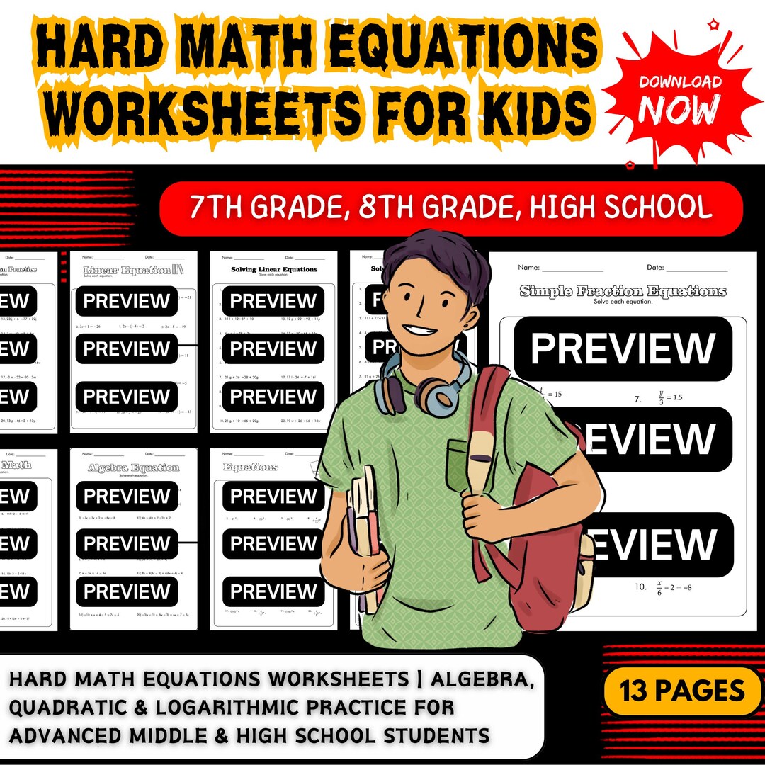 Hard Math Equations Worksheets: Algebra, Quadratic & Logarithmic ...