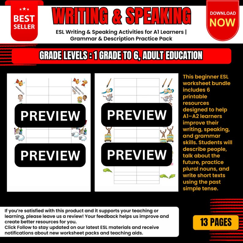 ESL Writing & Speaking Activities for A1 Learners | Grammar Description ...