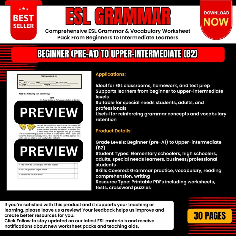 Comprehensive ESL Grammar & Vocabulary Worksheet Pack – From Beginners ...