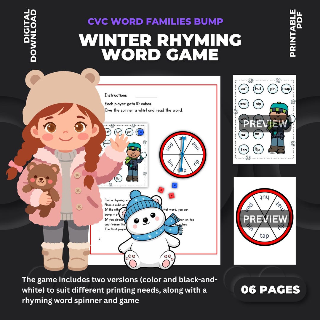 Winter Rhyming Word Game - CVC Word Families BUMP Activity (K–1) - Etsy