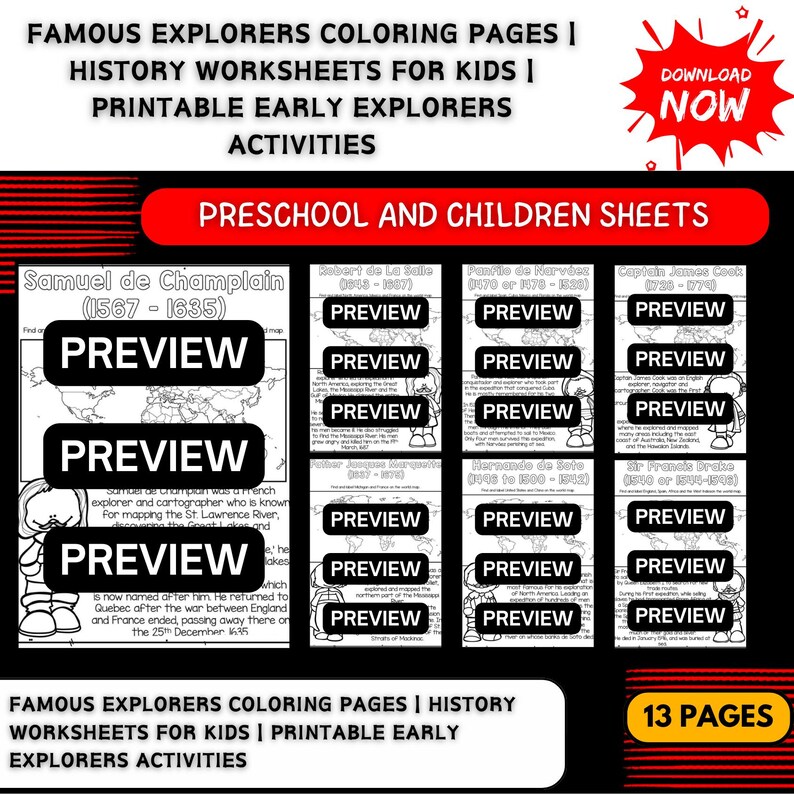 Famous Explorers Coloring Pages: History Worksheets (printable PDF) - Etsy