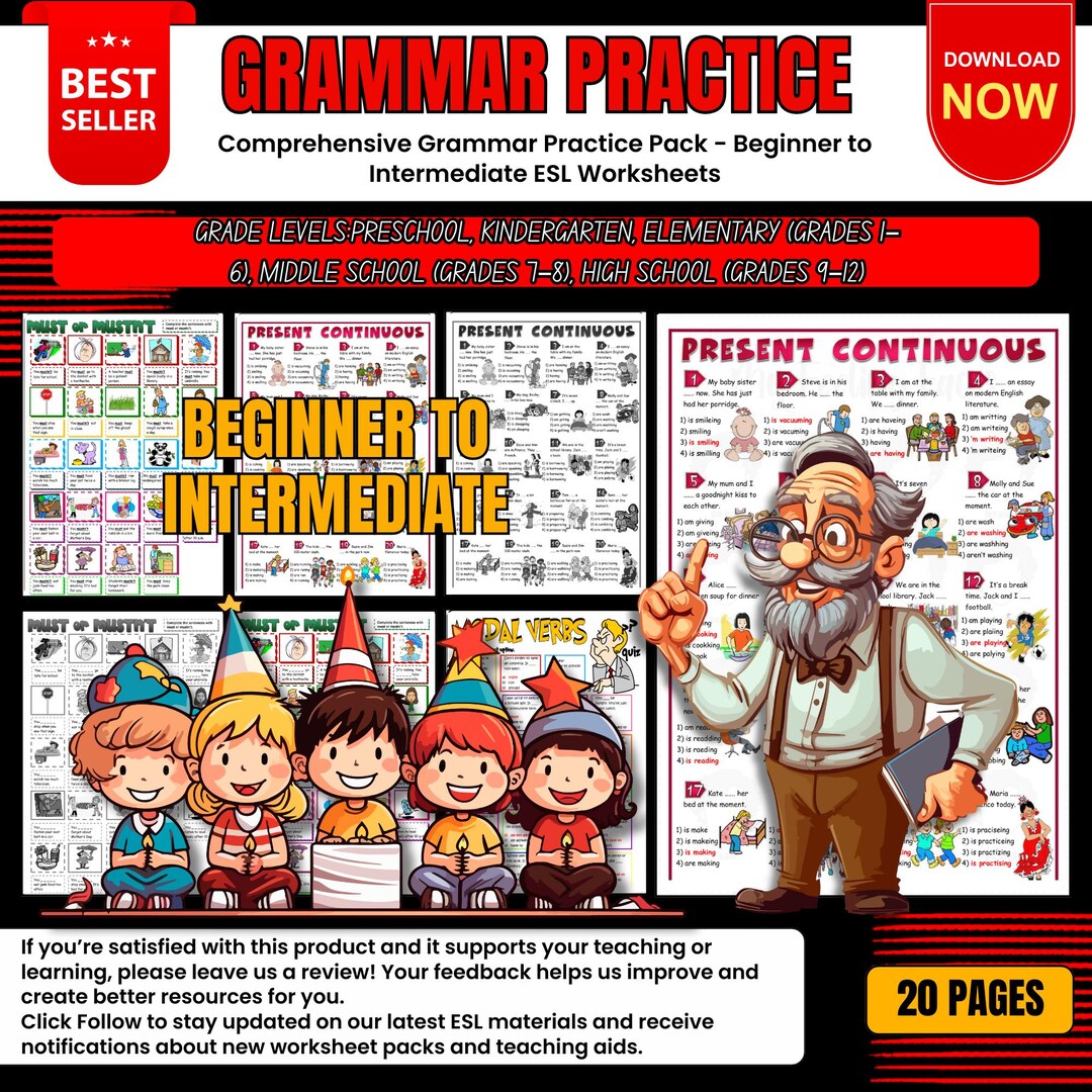 Comprehensive Grammar Practice Pack - Beginner to Intermediate ESL ...
