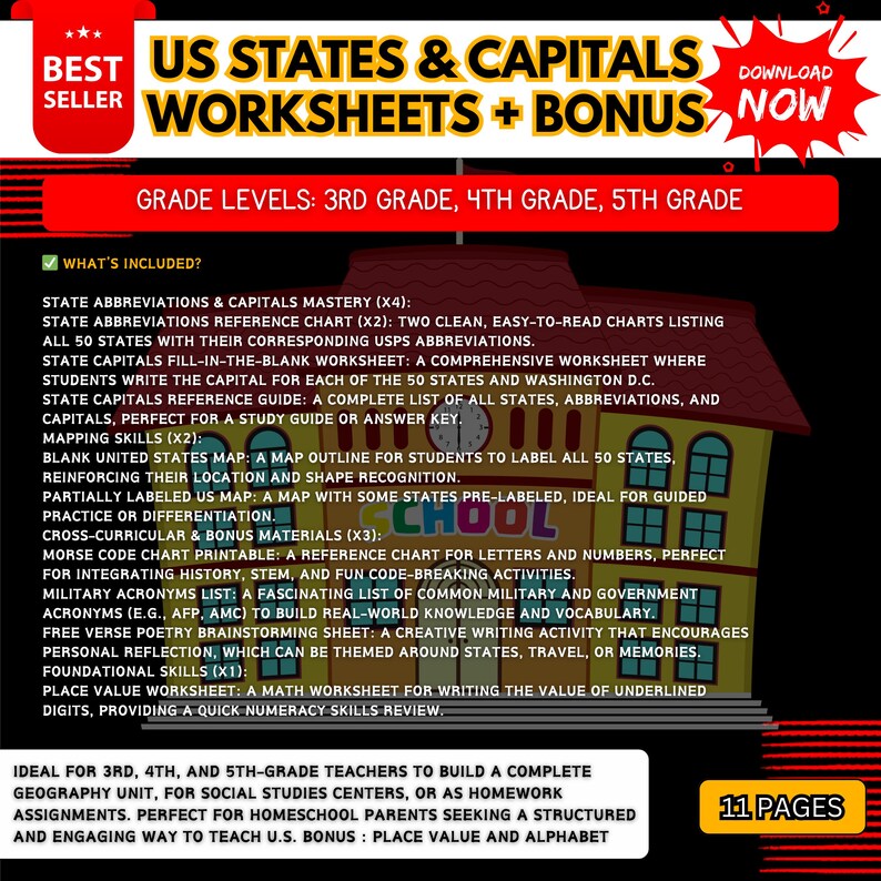 US States Capitals Worksheets Bundle – Geography, Abbreviations, Maps ...