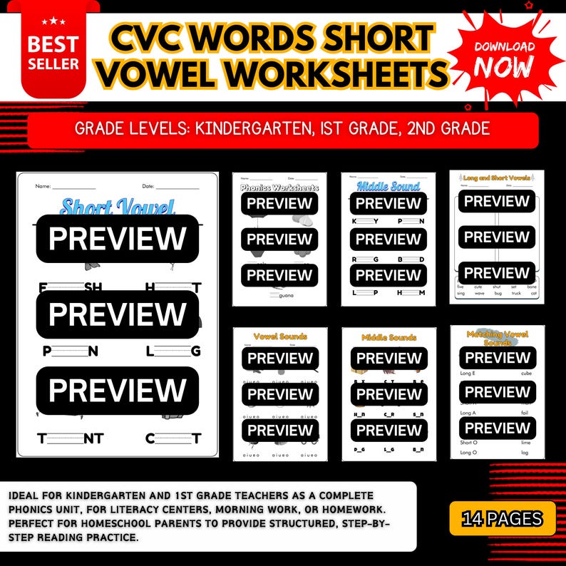 CVC Words Short Vowel Worksheets – Phonics Practice (PDF Pattern) - Etsy