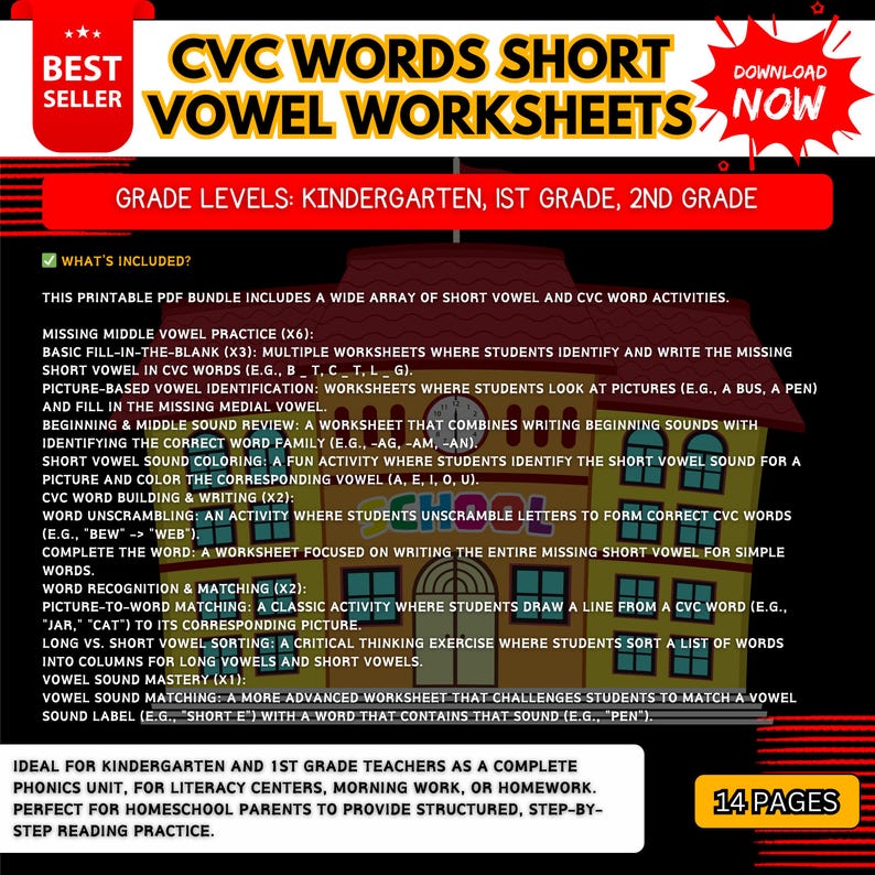 CVC Words Short Vowel Worksheets – Phonics Practice (PDF Pattern) - Etsy