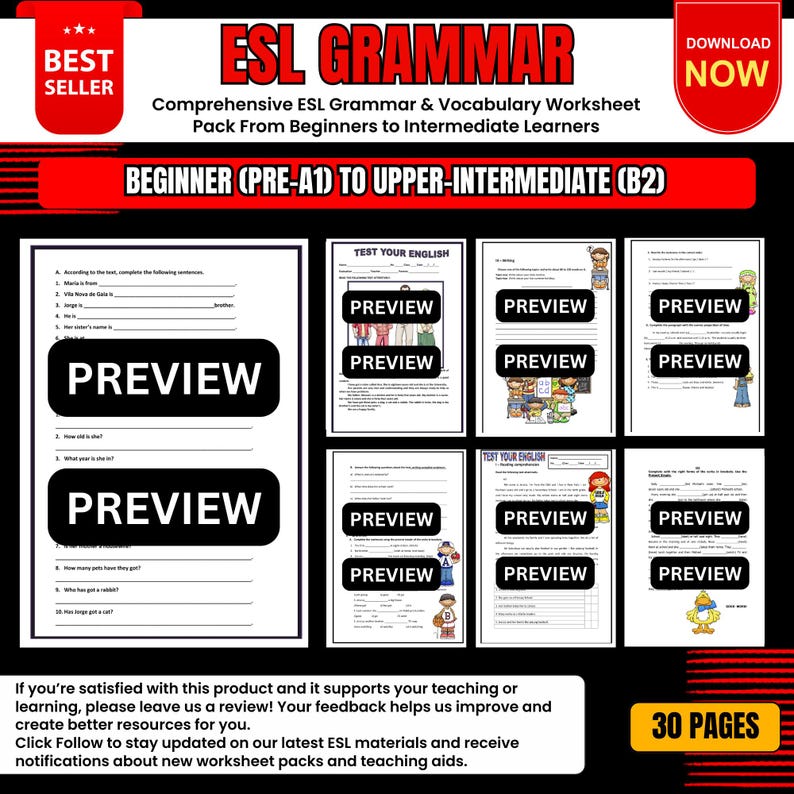 Comprehensive ESL Grammar & Vocabulary Worksheet Pack – From Beginners ...