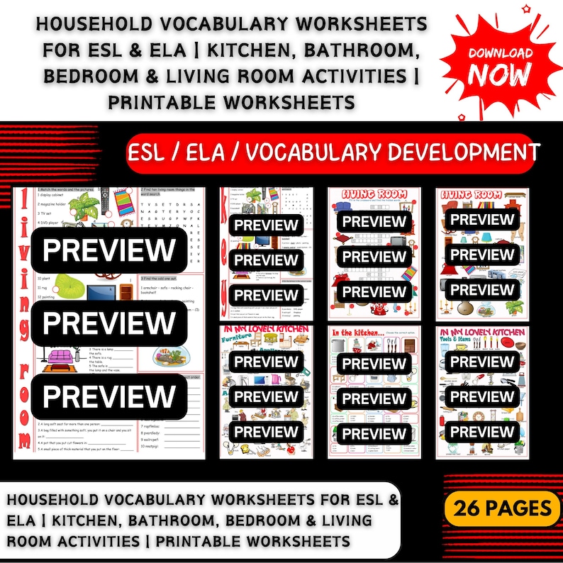 Household Vocabulary Worksheets for ESL & ELA Kitchen, Bathroom ...