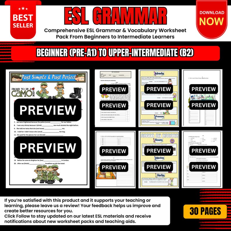 Comprehensive ESL Grammar & Vocabulary Worksheet Pack – From Beginners ...