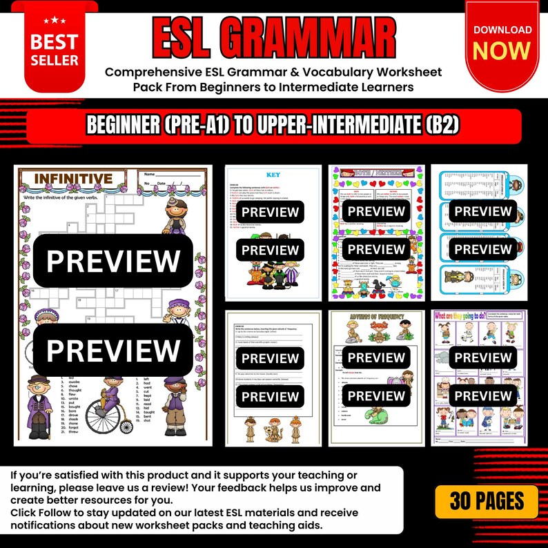 Comprehensive ESL Grammar & Vocabulary Worksheet Pack – From Beginners ...
