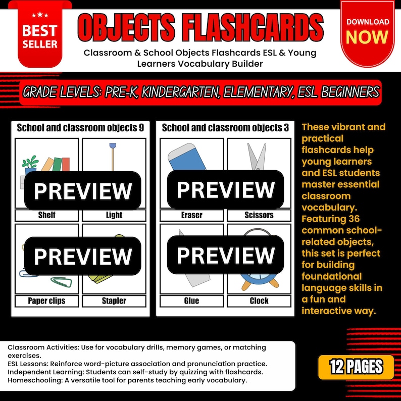 Classroom & School Objects Flashcards ESL Young Learners Vocabulary ...