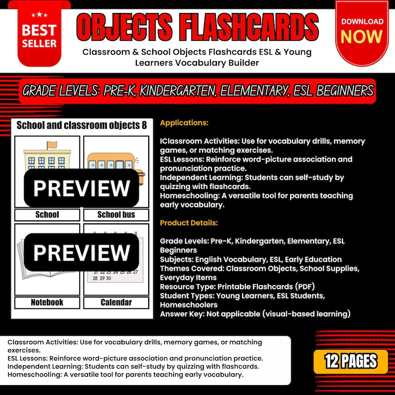 Classroom & School Objects Flashcards ESL Young Learners Vocabulary ...