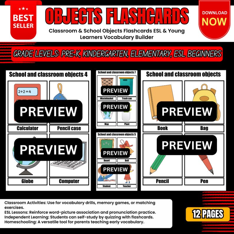 Classroom & School Objects Flashcards ESL Young Learners Vocabulary ...