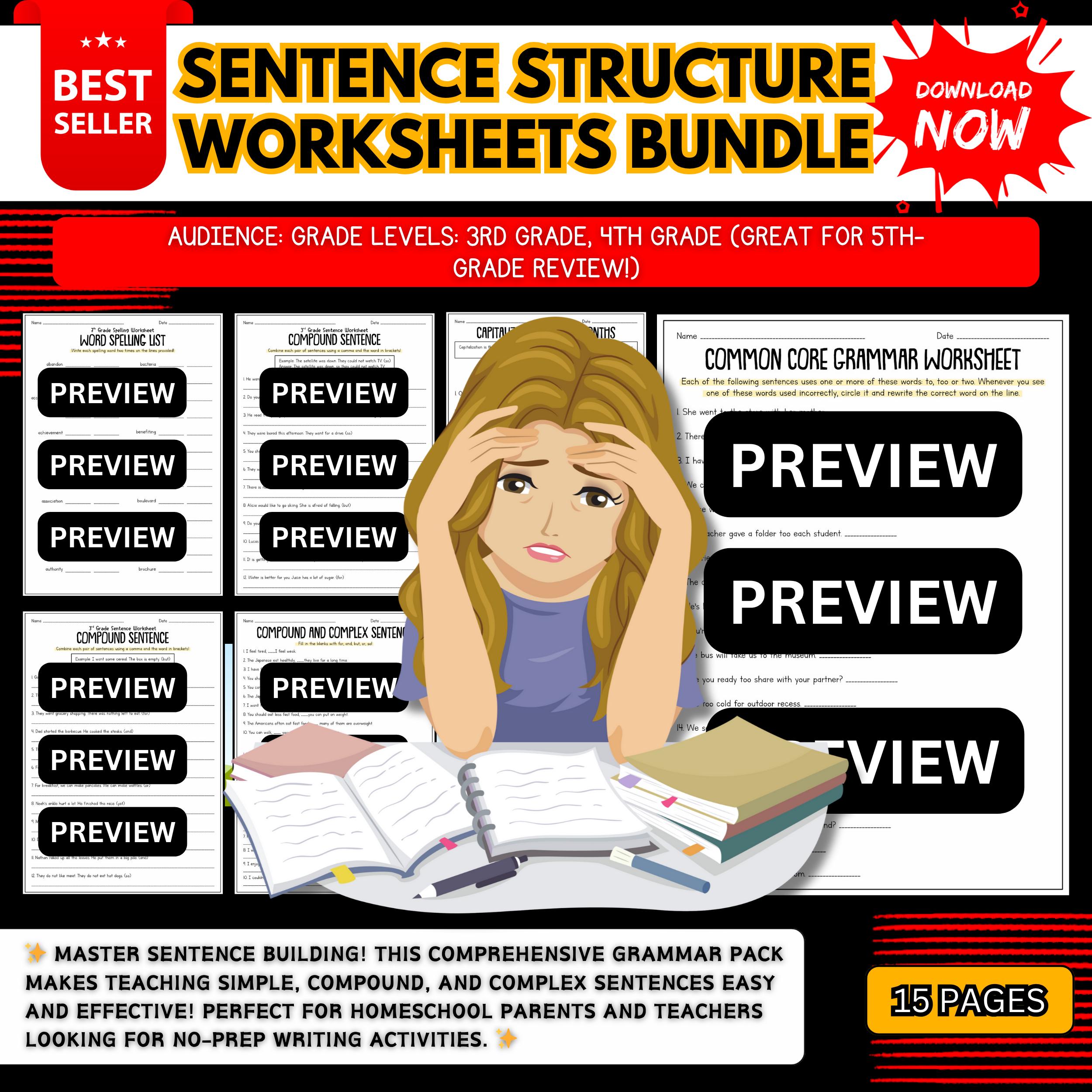 Sentence Structure Worksheets: 3rd-4th Grade Grammar Curriculum (PDF ...