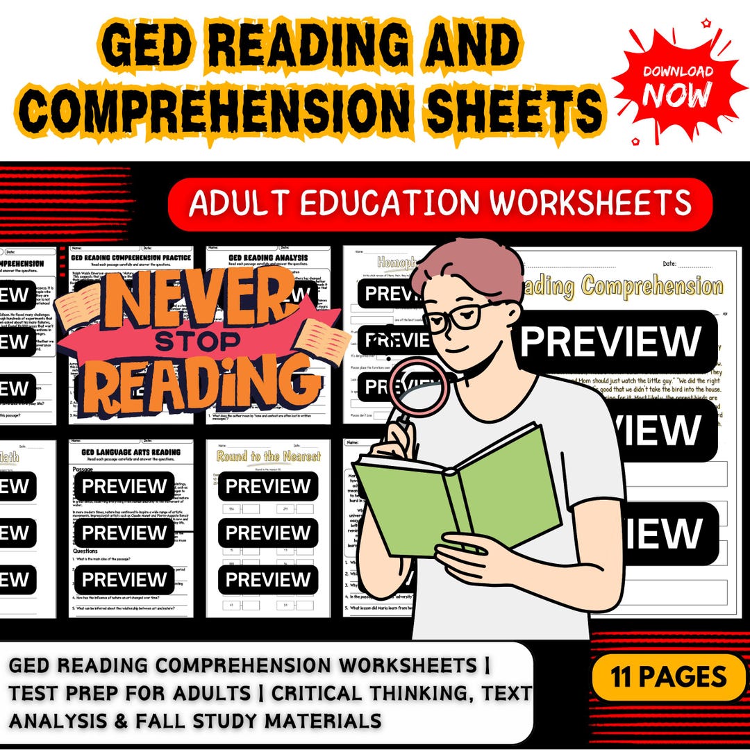 GED Reading Comprehension Worksheets: Adult Test Prep, Text Analysis ...