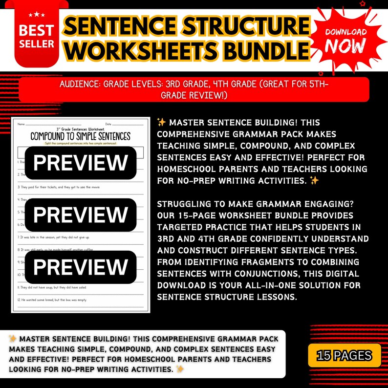 Sentence Structure Worksheets: 3rd-4th Grade Grammar Curriculum (PDF ...