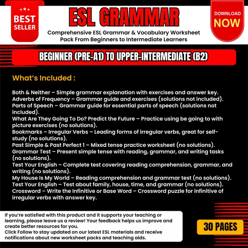 Comprehensive ESL Grammar & Vocabulary Worksheet Pack – From Beginners ...