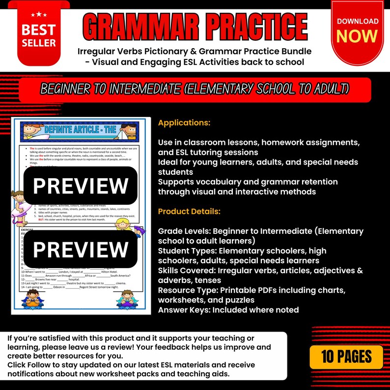Irregular Verbs Pictionary & Grammar Practice Bundle - Visual and ...