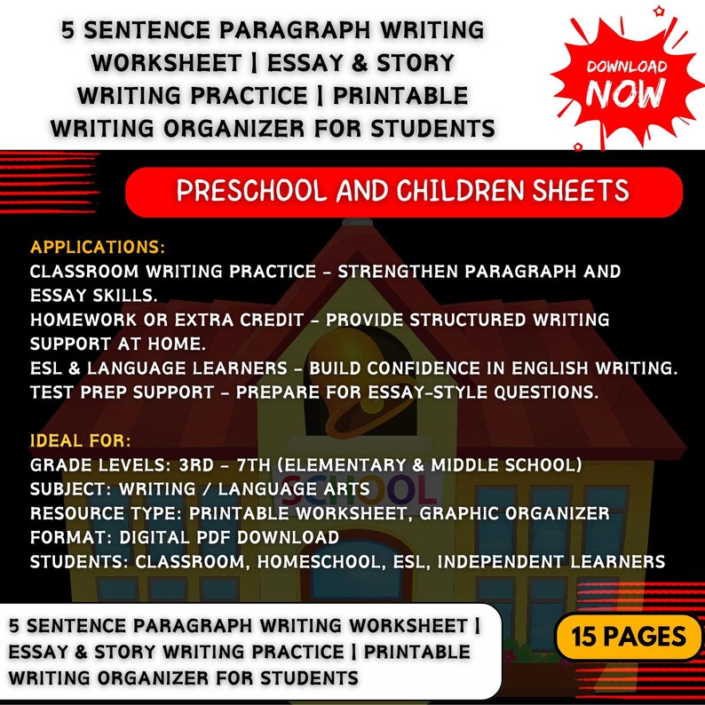 5-sentence Paragraph Writing Worksheet: Essay & Story Organizer ...