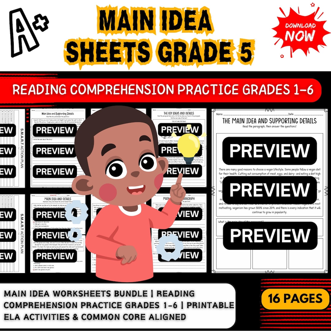 Main Idea Worksheets Bundle: Reading Comprehension Grades 1-6 (PDF ...