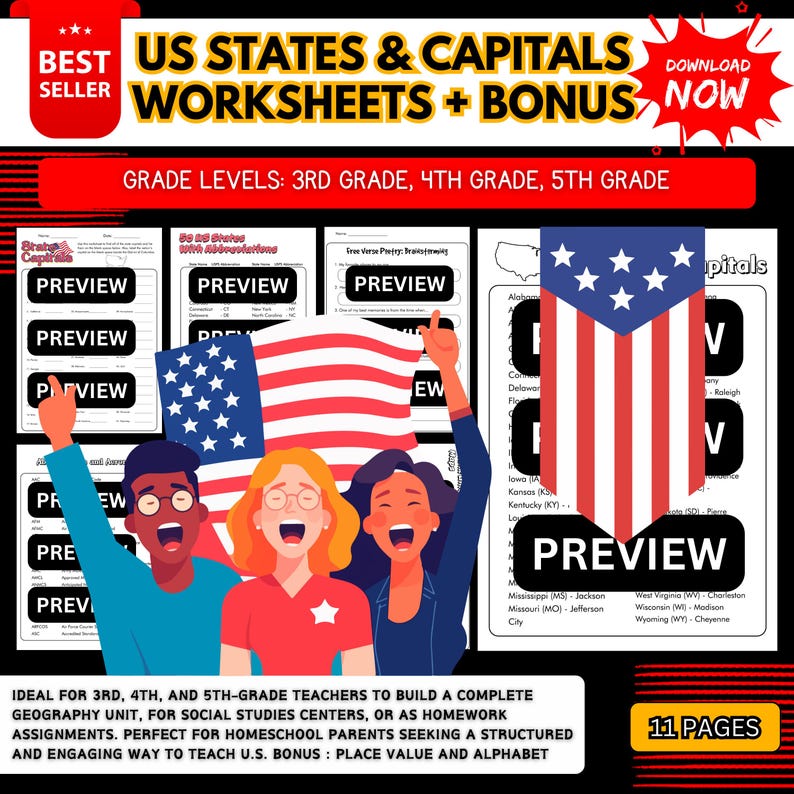 US States Capitals Worksheets Bundle – Geography, Abbreviations, Maps ...