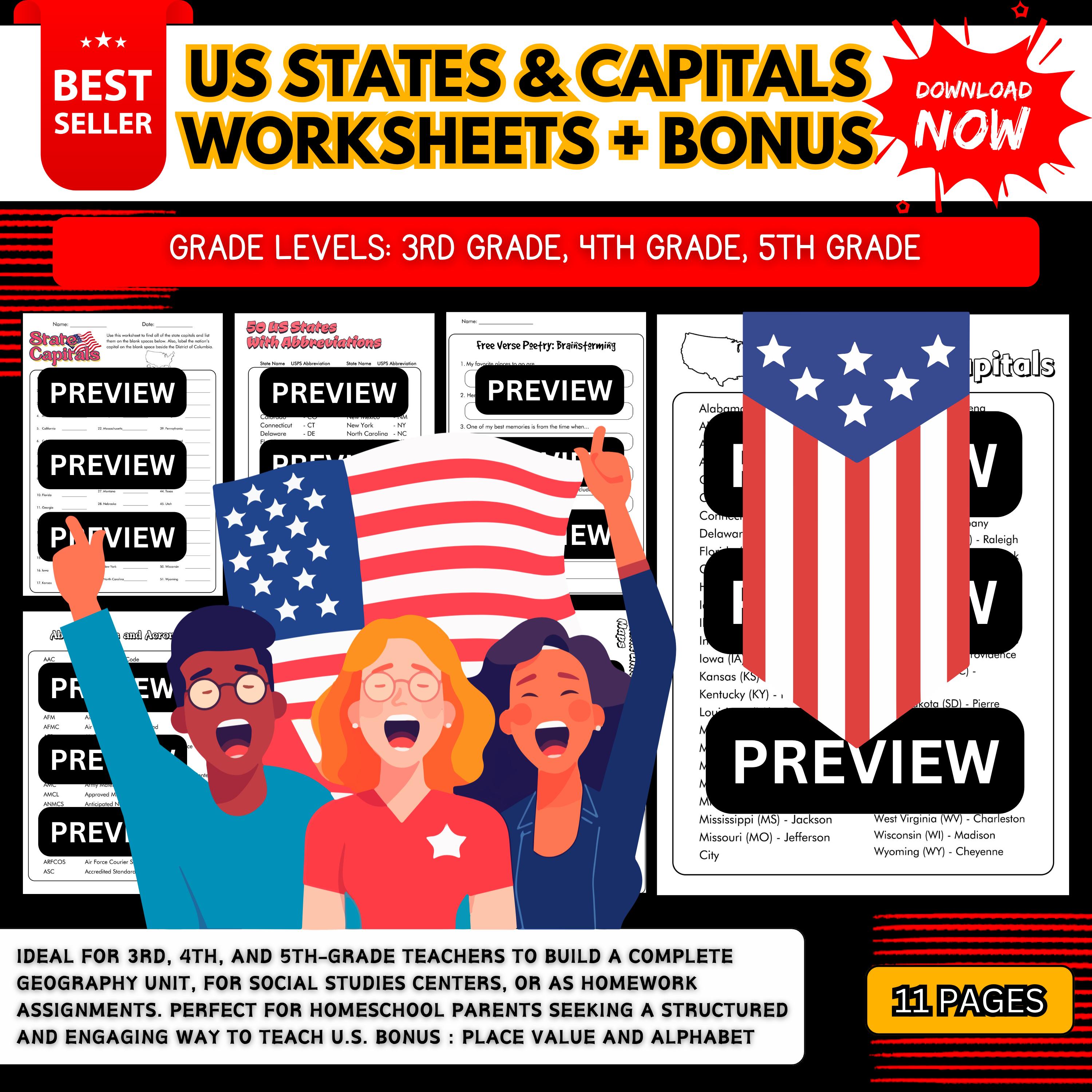 US States Capitals Worksheets Bundle – Geography, Abbreviations, Maps ...