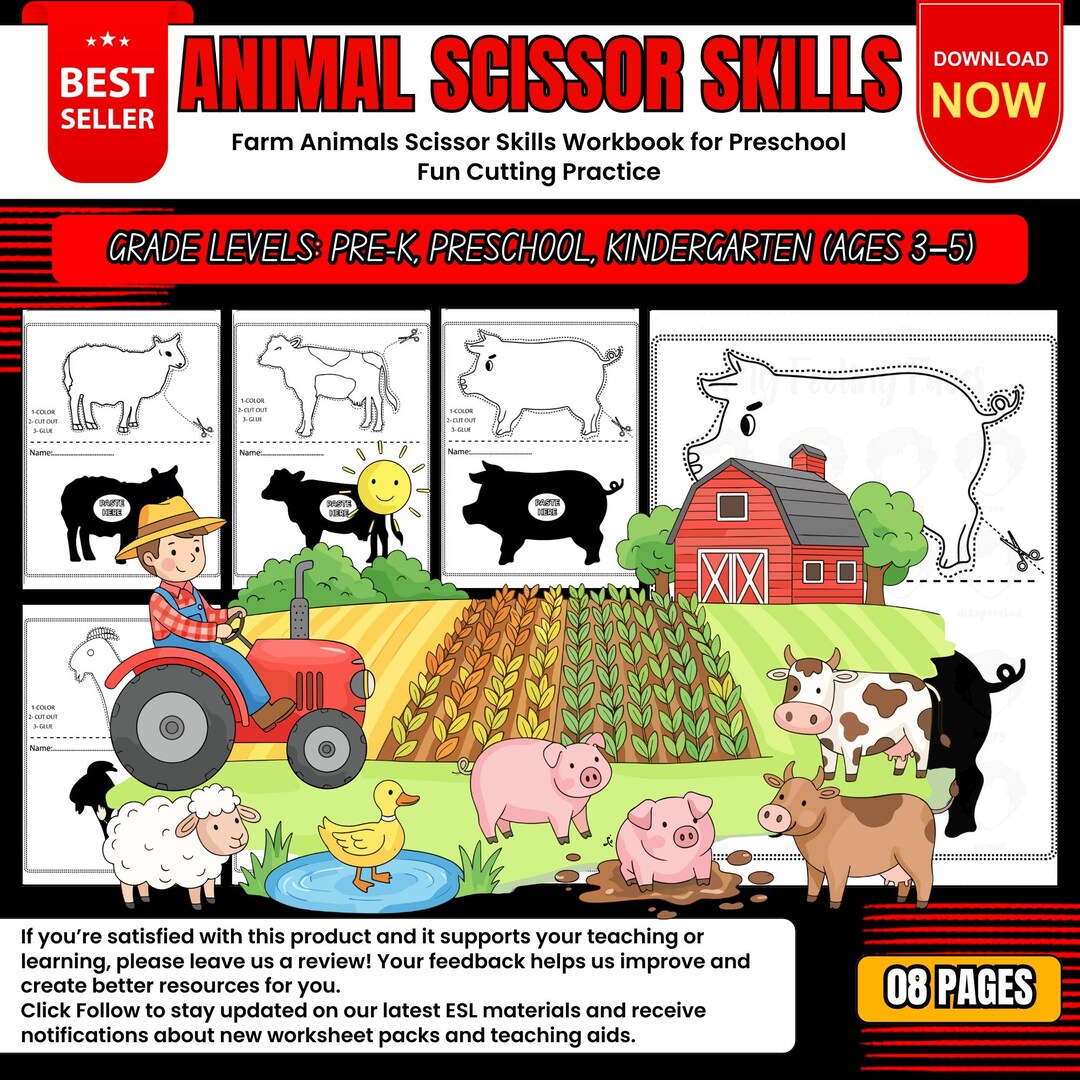 Farm Animals Scissor Skills Workbook for Preschool Fun Cutting Practice ...