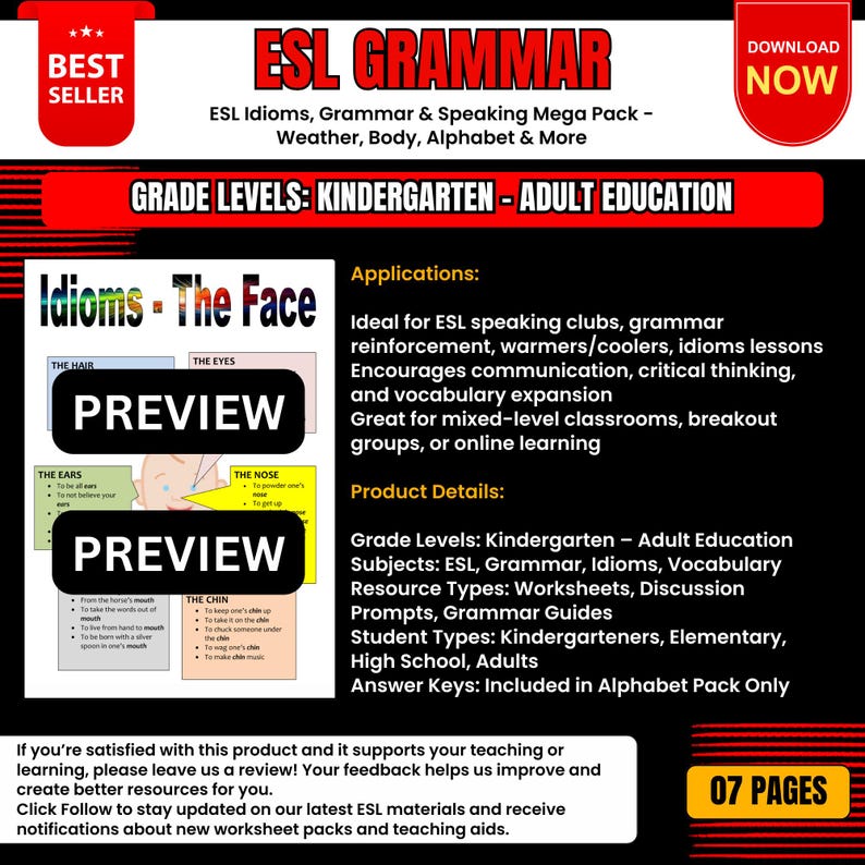 ESL Idioms, Grammar & Speaking Mega Pack - Weather Body Alphabet Learn ...
