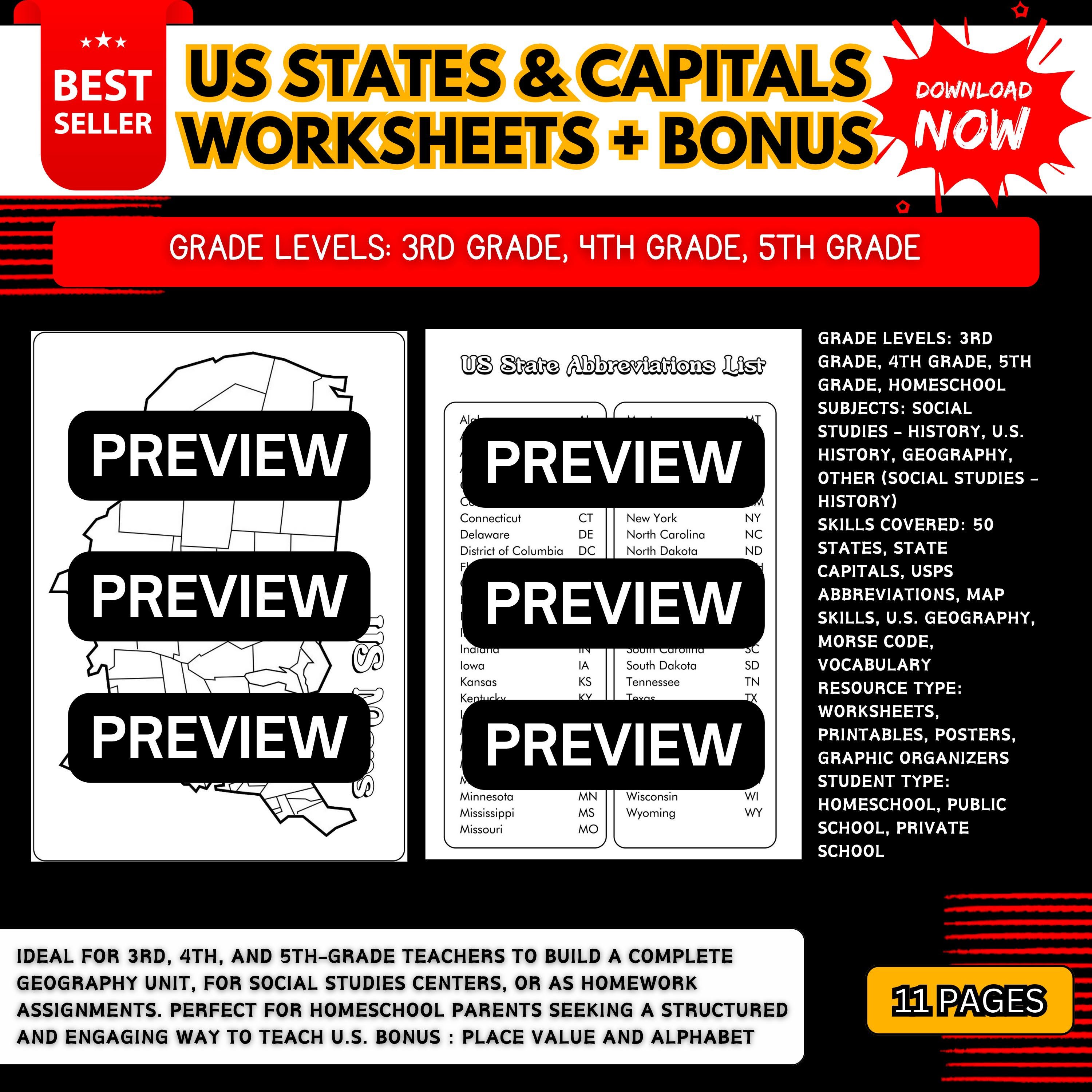 US States Capitals Worksheets Bundle – Geography, Abbreviations, Maps ...