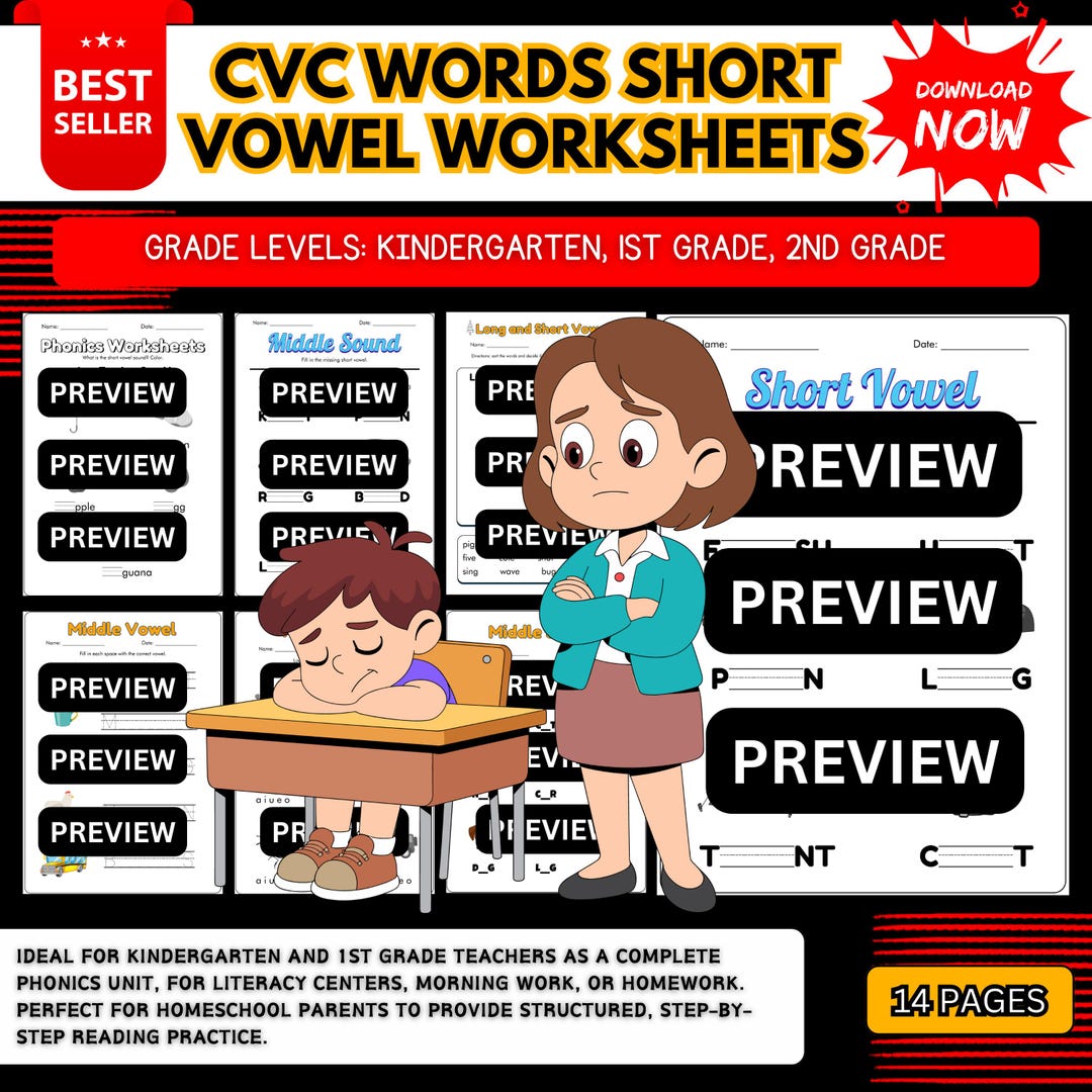 CVC Words Short Vowel Worksheets – Phonics Practice (PDF Pattern) - Etsy