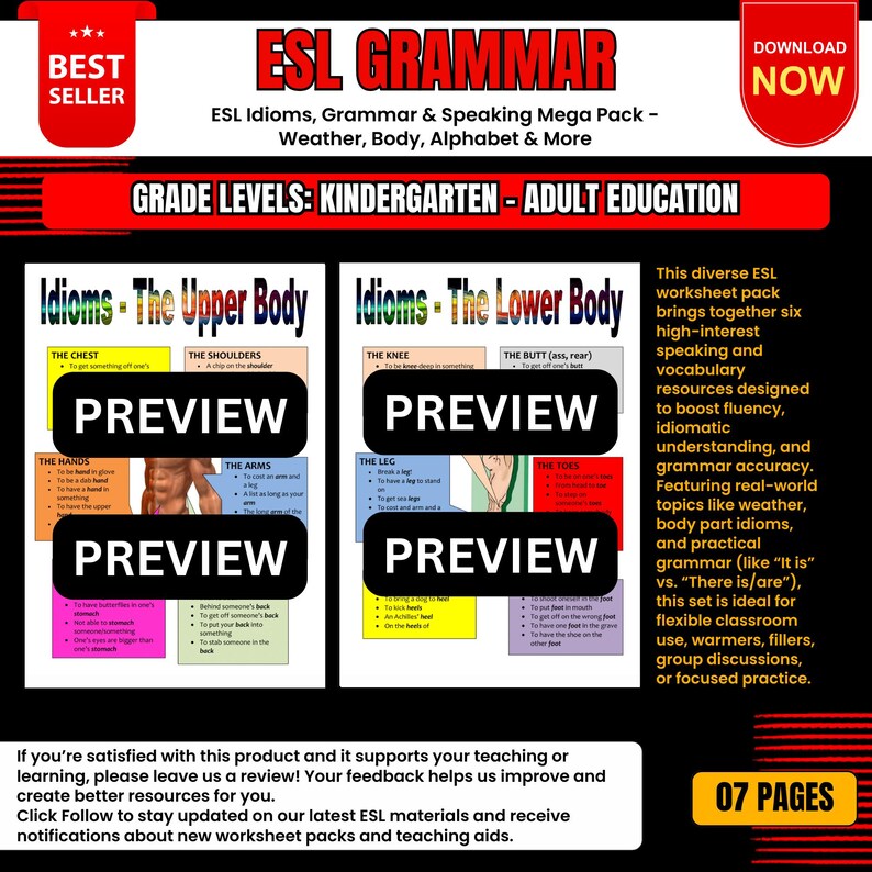 ESL Idioms, Grammar & Speaking Mega Pack - Weather Body Alphabet Learn ...