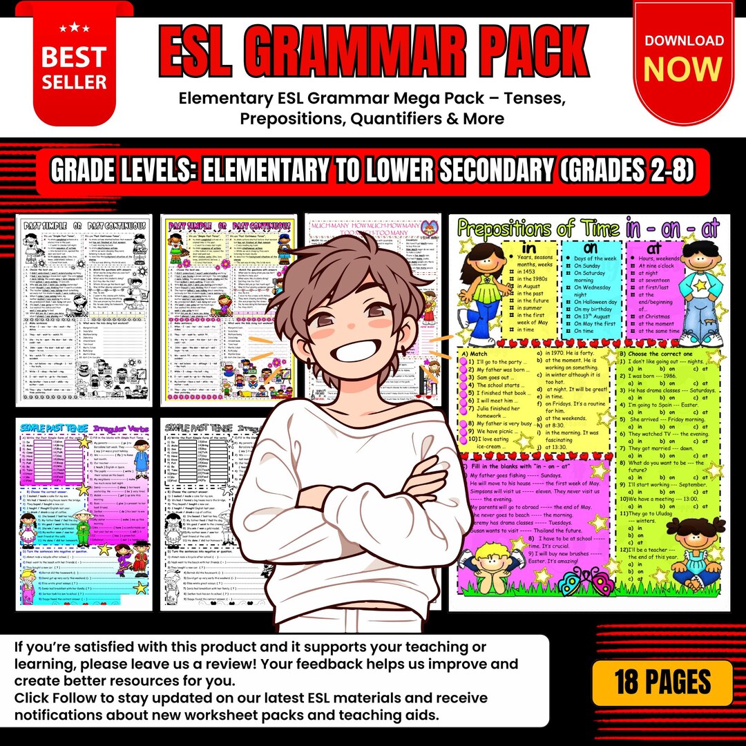 ESL Grammar Worksheets - Tenses, Prepositions, Quantifiers (PDF) - Etsy ...