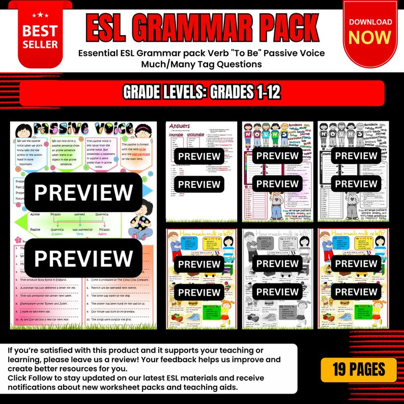Essential ESL Grammar Pack Verb "to Be" Passive Voice Much/many Tag ...