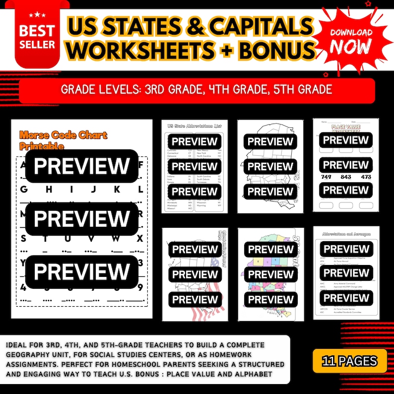US States Capitals Worksheets Bundle – Geography, Abbreviations, Maps ...