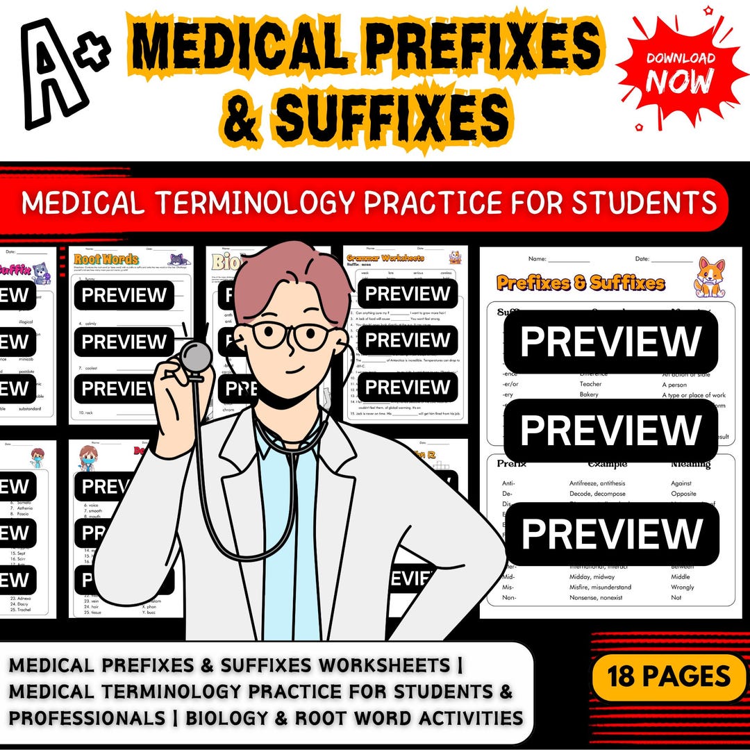 Medical Terminology Worksheets: Prefixes, Suffixes, Root Words (PDF) - Etsy