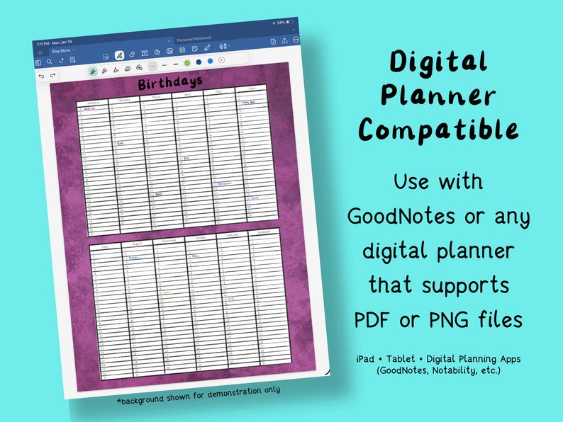 Printable or Digital Birthday Calendar Tracker, PDF & PNG - Etsy