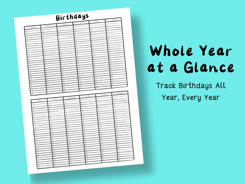Printable or Digital Birthday Calendar Tracker, PDF & PNG - Etsy