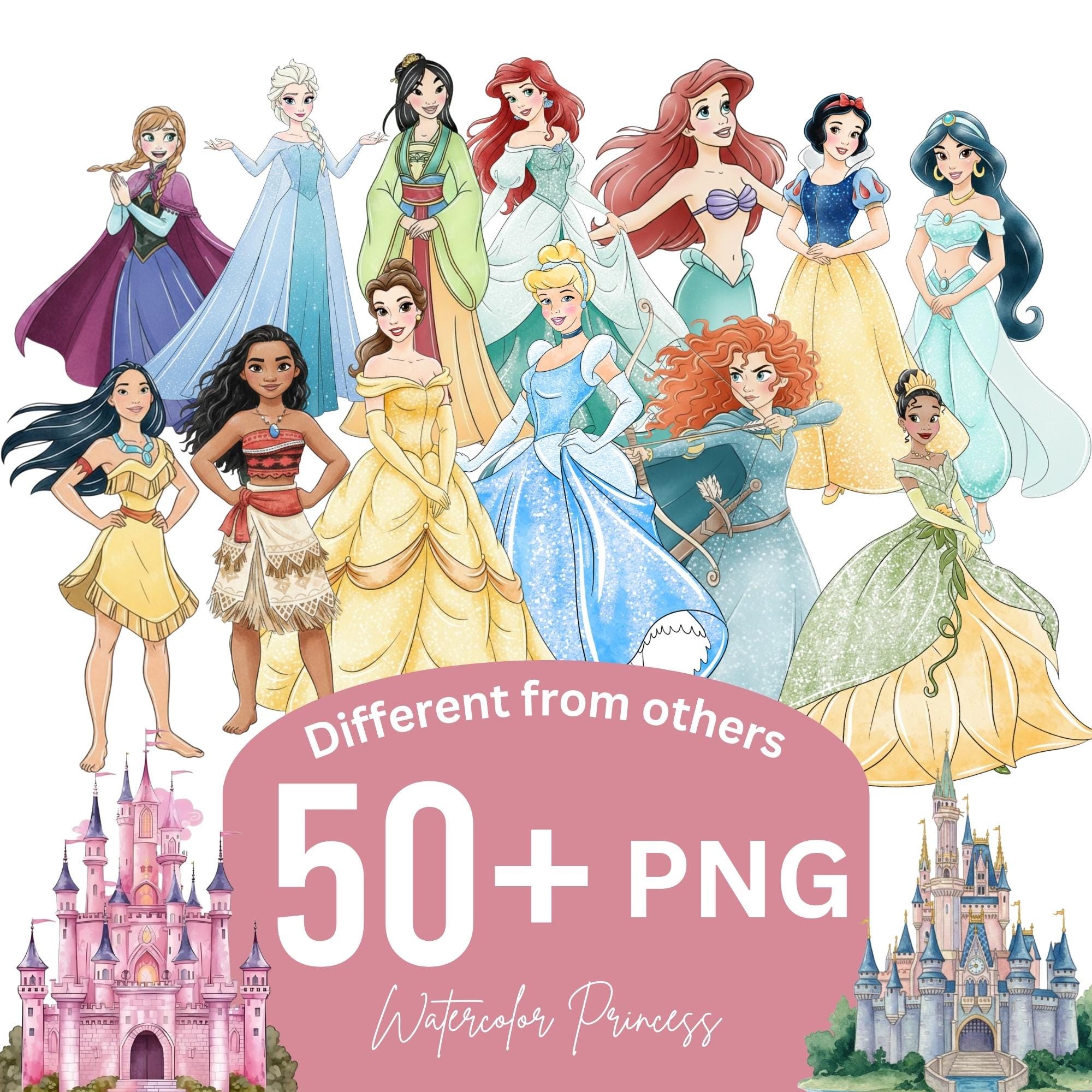 Princess Watercolor Bundle, Princesses PNG Cartoon Sublimation Clipart ...