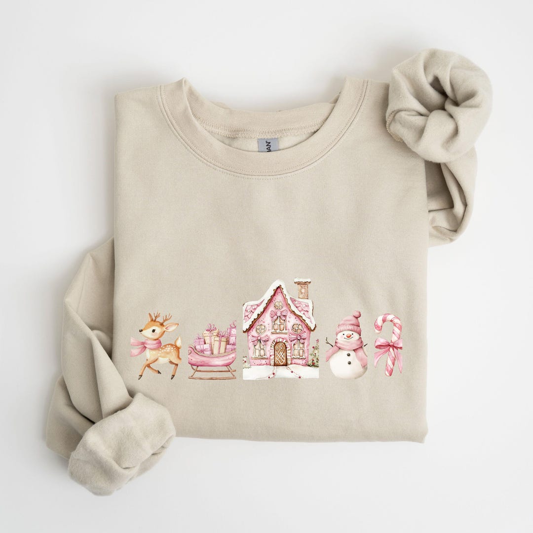 Pink Gingerbread House Sweater | Coquette Reindeer Christmas Crewneck ...