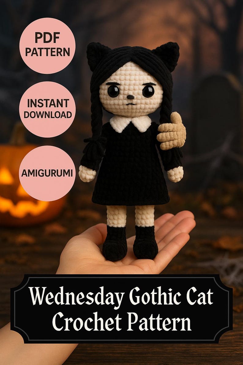 Crochet Gothic Cat Plushie: Wednesday Inspired Amigurumi (PDF Pattern ...