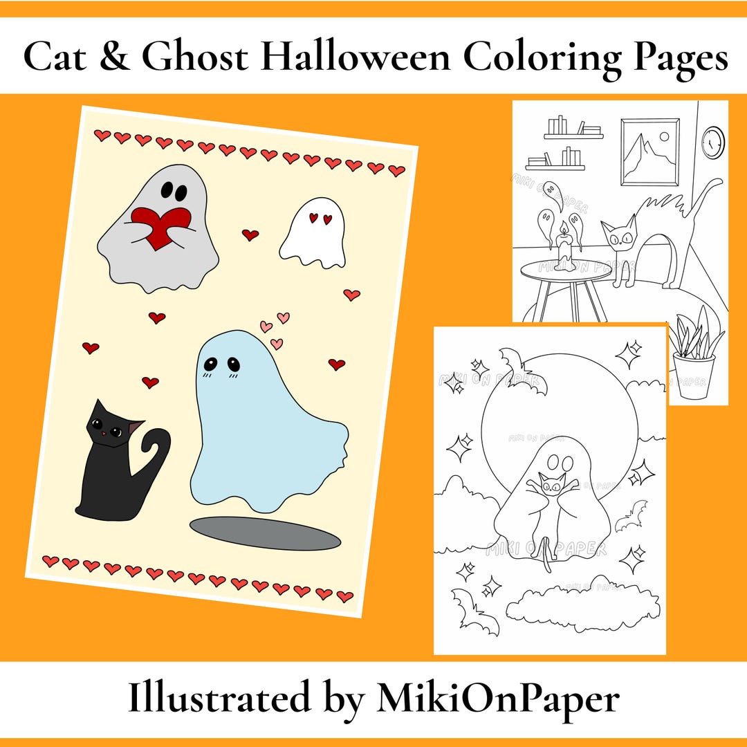 Cat Ghost Halloween Coloring Pages, Spooky Ghost Coloring, Cozy Easy ...