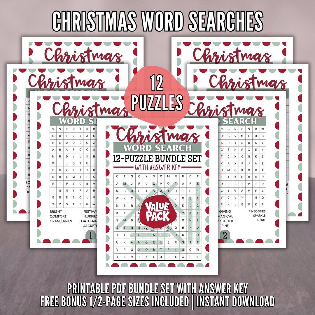 12 Christmas Word Search Bundle, Printable Winter Puzzle Pages for Kids ...