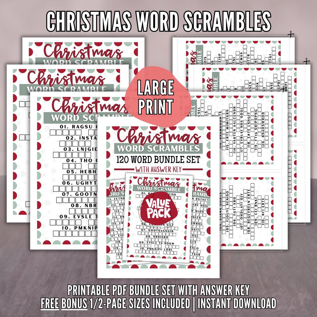 Christmas Word Scrambles, Printable Activity Pages, Downloadable Bundle ...