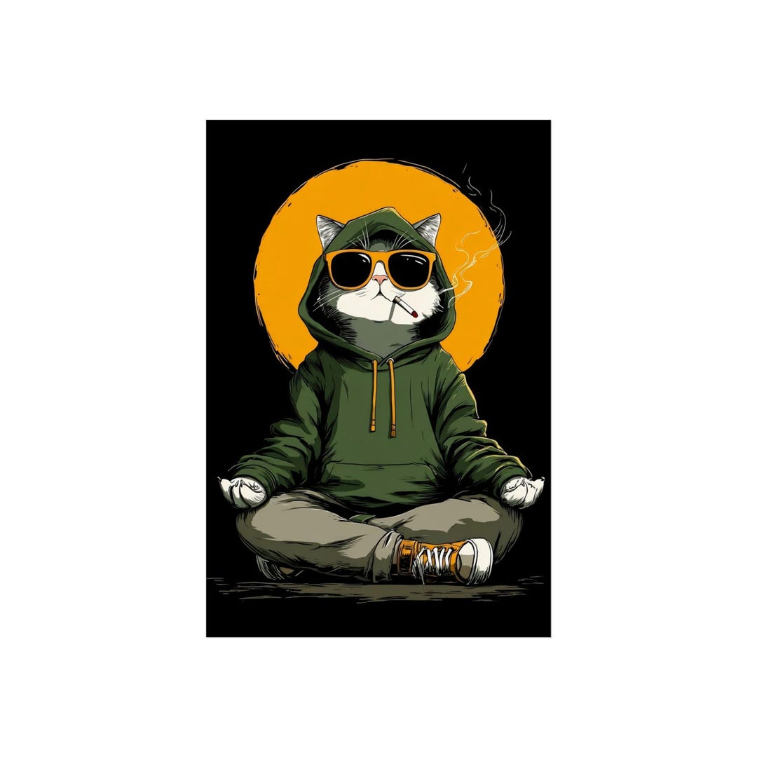 Funny Zen Cat Poster | Cool Smoking Cat Art Print | Cat in Hoodie and ...
