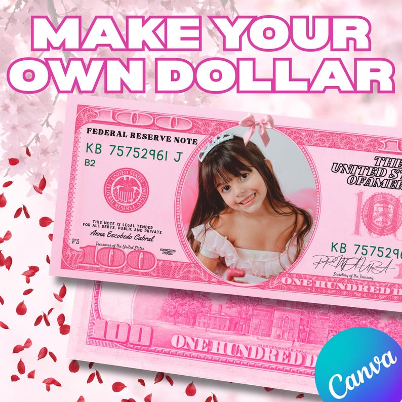 Personalized Pink 100 Dollar Bill Canva Template – Add Your Photo ...