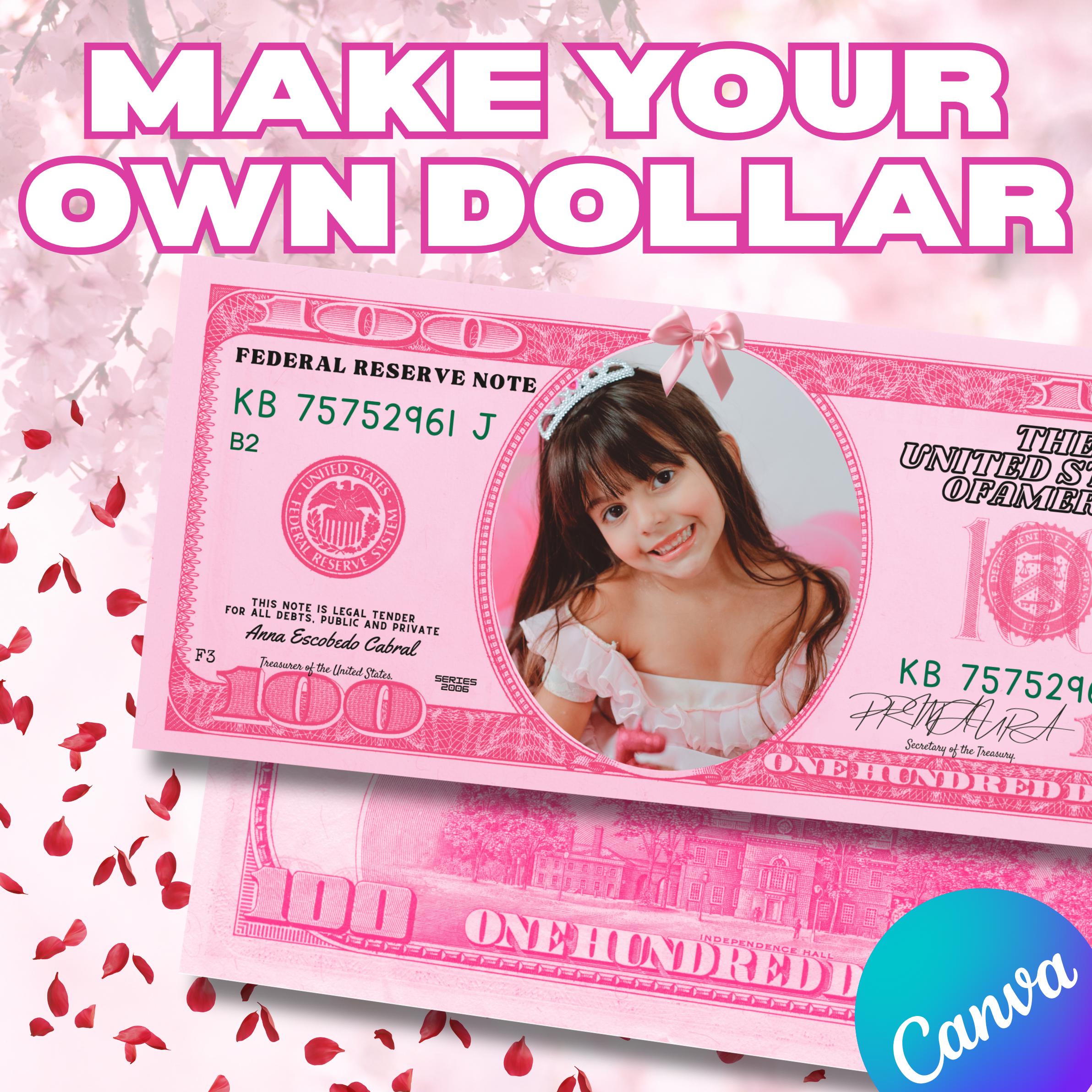 Personalized Pink Dollar Bill Template – Canva Photo Prop (digital ...